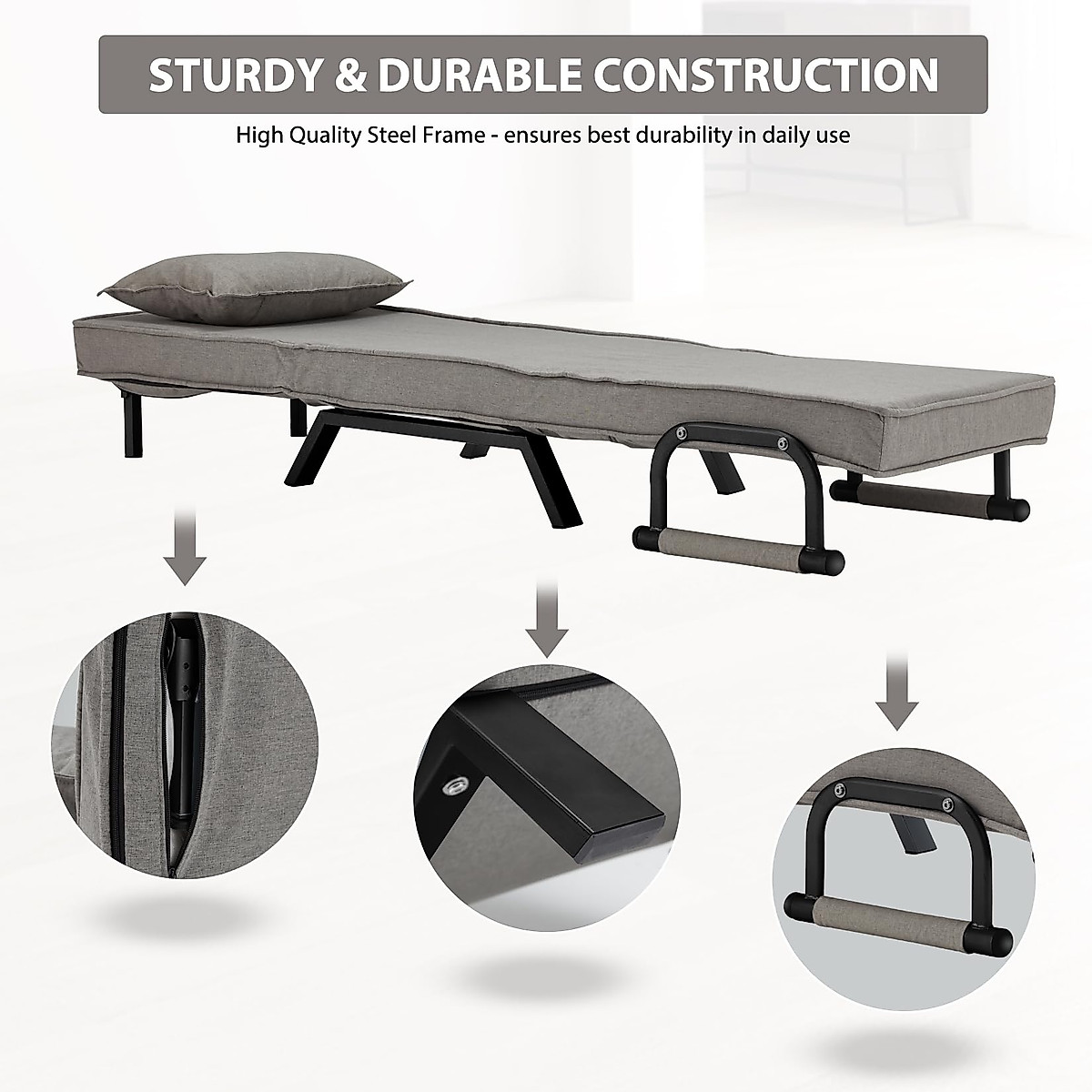 Haddockway Single Person Sofa Bed Sleeper Chair Convertible Chaise Lounge Couch,Folding Sofa Arm Chair with Pillow&5 Adjustable Backrest,Upholstered Lazy Bed Leisure Recliner for Home Office