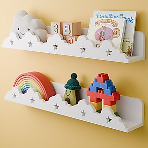 Sumbame Nursery Shelves for Wall Set of 2 - White Cloud Floating Bookshelf for Kids, 24 Inch Scalloped Picture Ledge Shelf, Display Shelf for Baby Bedroom, Nursery Decor, Baby Playroom, Toy Storage