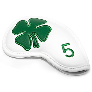 Golf Iron Covers,Golf Iron Head Covers Leather Golf Iron Covers Set 10pcs Golf Iron Headcovers,Lucky Clover Golf Club Head Covers for Iron with Magic Tape Fit All Brands Titleist,Callaway,Ping (White)