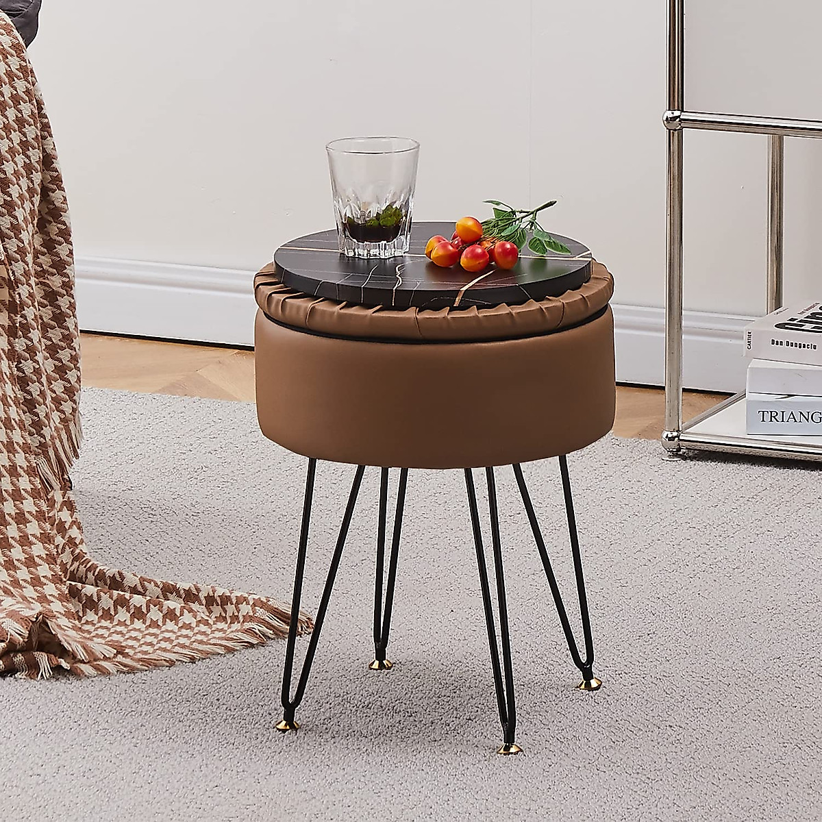 Cpintltr Modern Faux Leather Foot Rest Stool Upholstered Round Storage Ottomans Multipurpose Dressing Stools Luxury Home Decor Ottoman Coffee Table Top Cover Footstool for Couch Entryway Brown