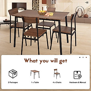 Dporticus 5-Piece Kitchen & Dining Room Sets for 4 Dining Table Set Rustic Industrial Style Wooden Kitchen Table and Chairs with Metal Frame- Brown