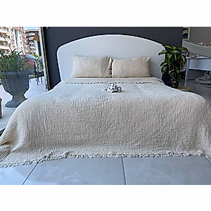 Muslin Blanket 100% Cotton, 4 Layers Bedspread, Soft Turkish Cotton Muslin Bed Cover, Reversible Coverlet, Ivory (King Size Two Pillowcase 20x36 (50x90cm))