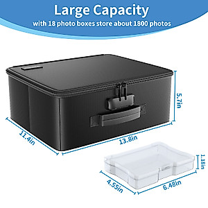 Fireproof Safe Photo Storage Box with 18 Inner 4" x 6" Clear Photo Cases, Portable Photo Organizer with Lock for Picture, Collapsible Photo Container with Handle and 18 Boxes 4 Sheet Label Stickers
