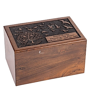 INTAJ Cremation Urn for Human Ashes Adult Male Female - Tree of Life Wooden Box Urn for Ashes - Handmade Decorative Funeral Urn (Customised Tree Birds, L (9x6x5) 185 Cu/in)