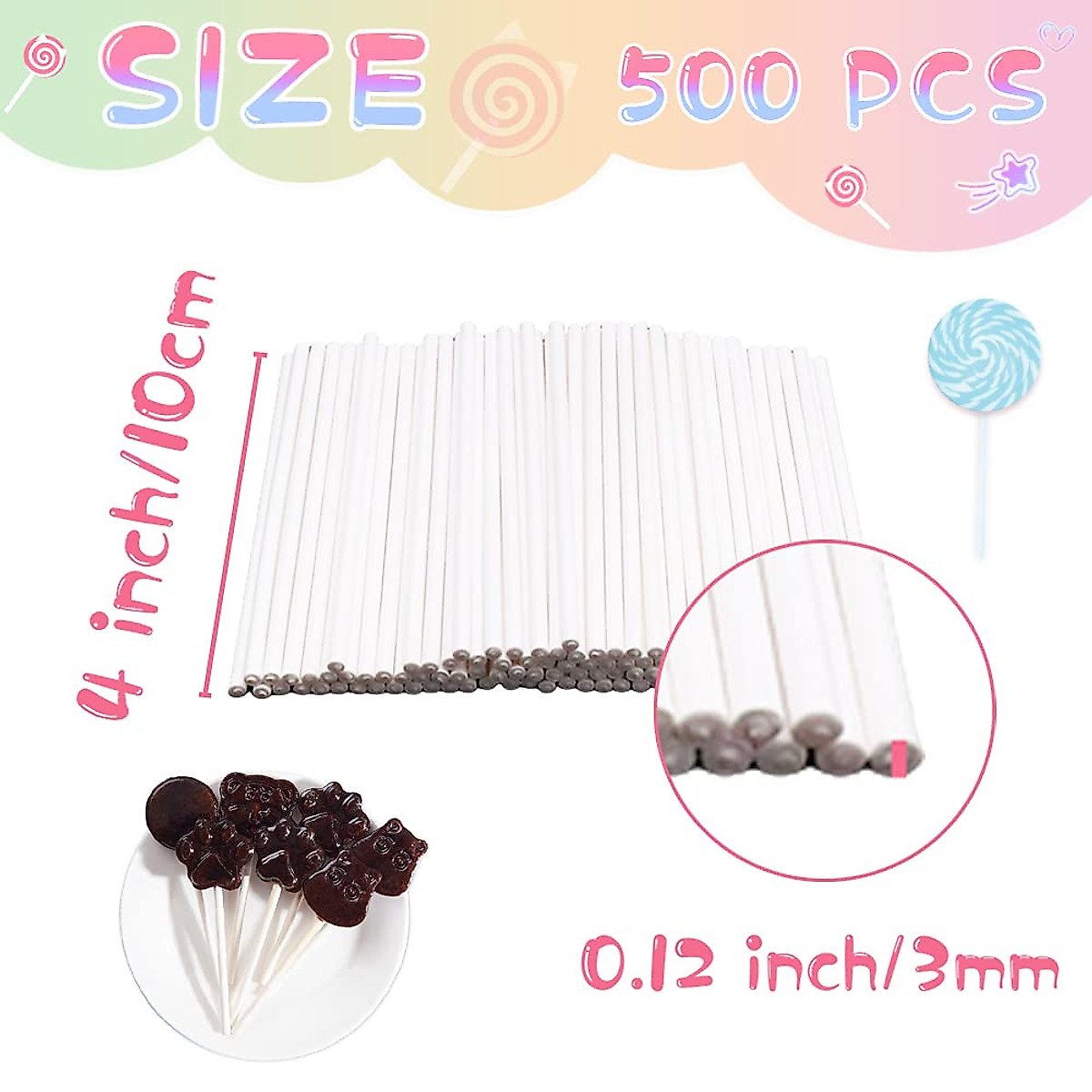 500PCS 4-Inch White Lollipop Sticks,Paper Sucker Stick,Cake Pops Stick for Candy Melt,Dessert,Cake Pops,Chocolate and Cookie(3mm)