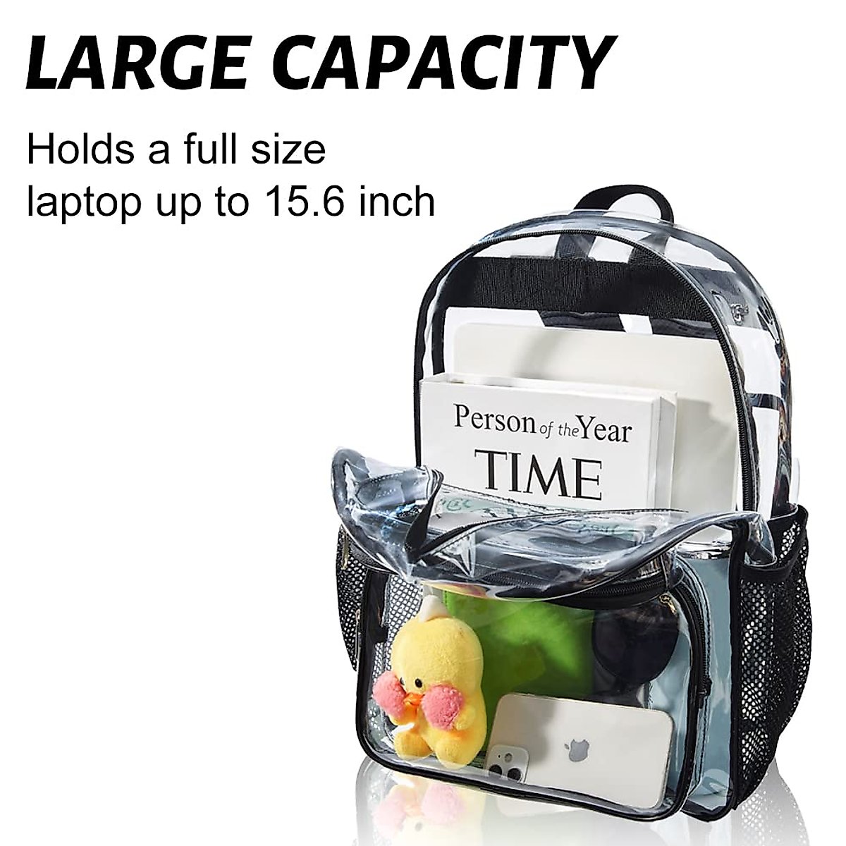 Clearworld Clear Backpack,Transparent Stadium Backpack with Reinforced Bottom & Multi-pockets, See Through Bookbag for Work, Security Check & Sporting Events