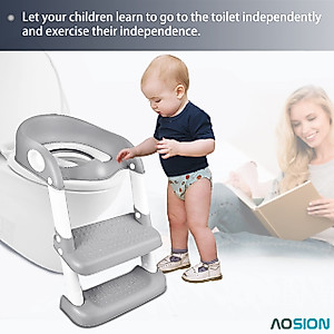 AOSION-Potty Training Seat with Step Stool Ladder, Potty Seat with Ladder for Kids,Adjustable Toddler Toilet Training Seat for Boys and Girls with Non-slip Soft Pads,Safety Handle (Grey)