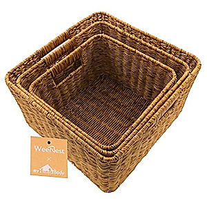 myHomeBody Wicker Storage Basket | Storage Cubes, Storage Baskets for Organizing | Wicker Baskets for Storage Organizer | Woven Basket for Organization and Storage | Tan, Set of 3