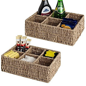 StorageWorks Tea Bag Organizers, Small Wicker Baskets with 6 Sections, Coffee and Tea Organizers for Coffee Bar, Shelves, Countertop, Seagrass Baskets for Organizing, 2Pack