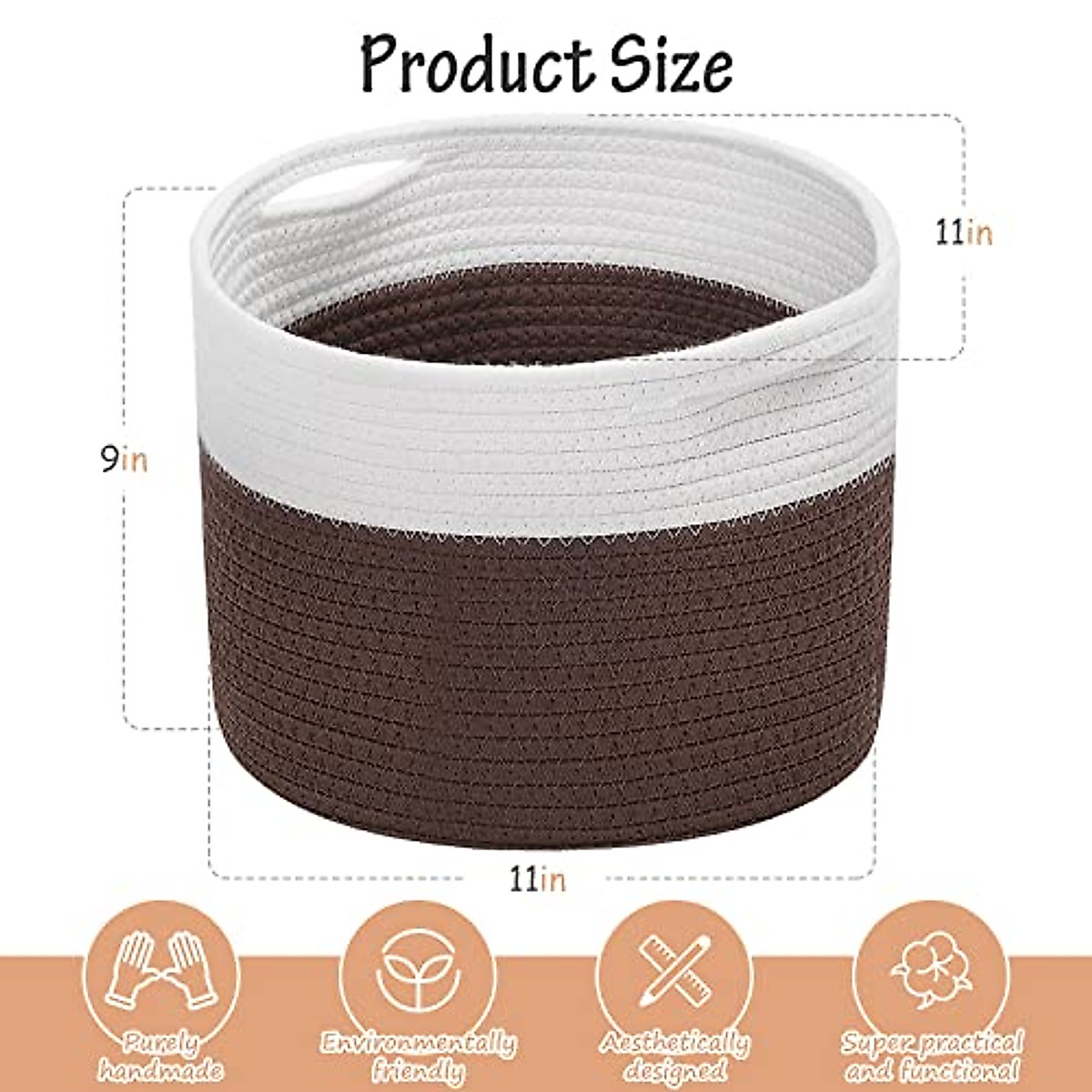 BNDSKLAI Cotton Rope Storage Baskets 11 x 11 x 9 inches, Cube Shelf Storage Organizer for Laundry, Towel, Clothes, Books, Shelves(White/Brown, 1Pack)