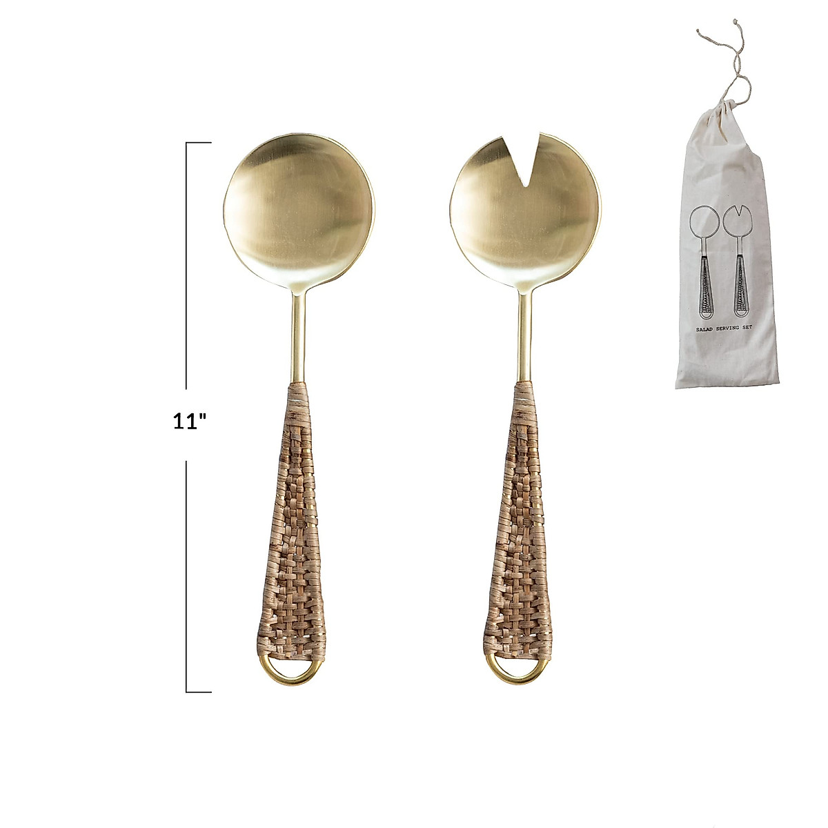 Bloomingville Scandinavian Stainless Steel Rattan Wrapped Handles in Printed Drawstring Bag, Gold and Natural Salad Server