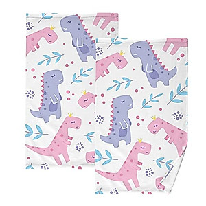 Kigai Pink Dinosaur Cotton Hand Towels for Bathroom, Soft Absorbent Washcloths for Kitchen Hotel Gym Swim Camp Beach Spa, 2 Pack