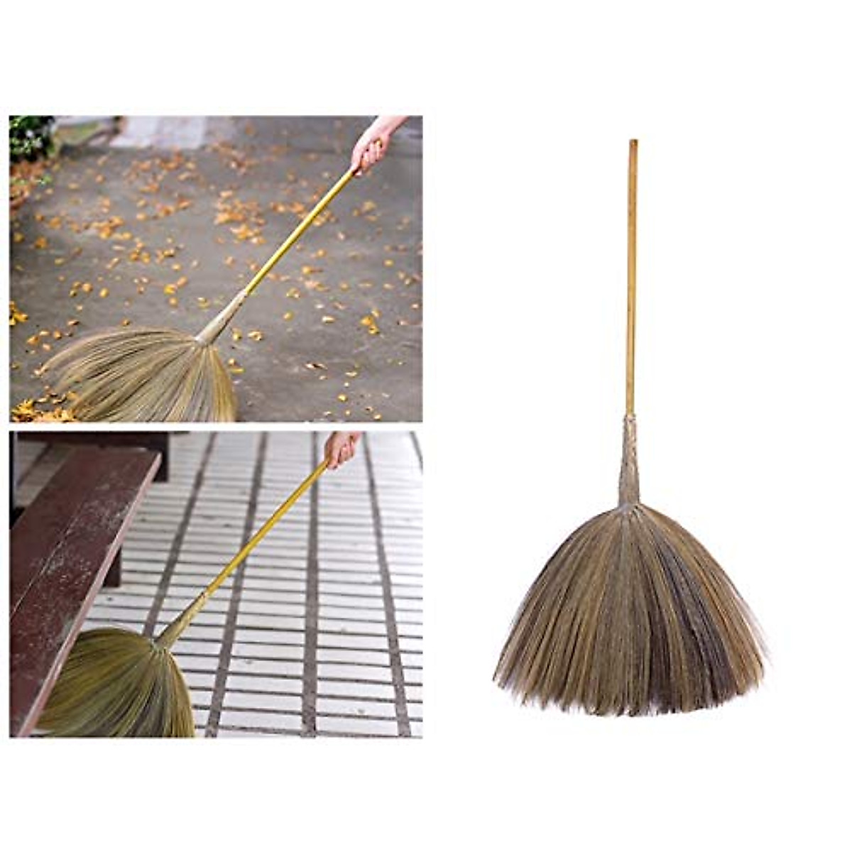 SKENNOVA - Set of Loincloth Fabric Broom Bag & Thai Traditional Grass Broom Vintage Style with Bamboo Brown Handle & Hand Grip with Wire Length 40-41-inch x Width 20-24-inch