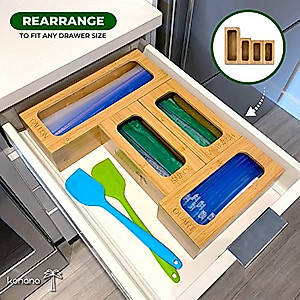 Konana Wooden Storage Bag Organizer for Plastic Baggies - Individual Gallon, Quart, Snack & Sandwich Organizer - with Labels for Kitchen Organization