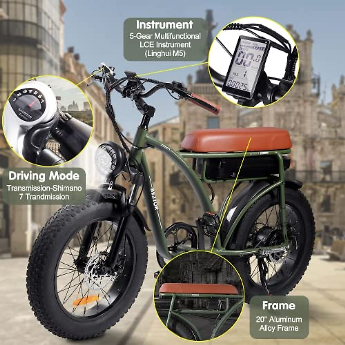 Bezior Electric Bike XF001 for Adults, 20" x 4.0 Fat Tire Electric Bicycle, UL Certified 1000w Motor 48V 12.5Ah Removable Lithium Battery, 28MPH Snow Beach Mountain E-Bike 7 Speed Gear Ebikes