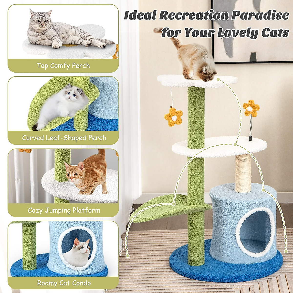 Tangkula Cute Cat Tree, Flower Cat Tower with Sisal Scratching Post, Plush Leaf-Shaped Perch, Roomy Condo, Fluffy Spring Ball & Jingling Ball, Small Cat Tree for Indoor Cats 20 lbs Heavy Duty