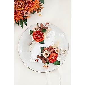 Ansofi Burnt Orange Wrist Corsage and Boutonniere Set for Wedding, Artificial Rose Flower Corsage Wristlet and Boutonniere Set for Wedding Prom Anniversary Homecoming Formal Dinner Party