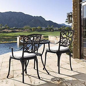 NUU GARDEN Bistro Set 3 Piece Outdoor All Weather Cast Aluminum Patio Bistro Set Patio Table and Chairs Set of 2 with Umbrella Hole and Grey Cushions for Backyard, Balcony, Lawn, Black