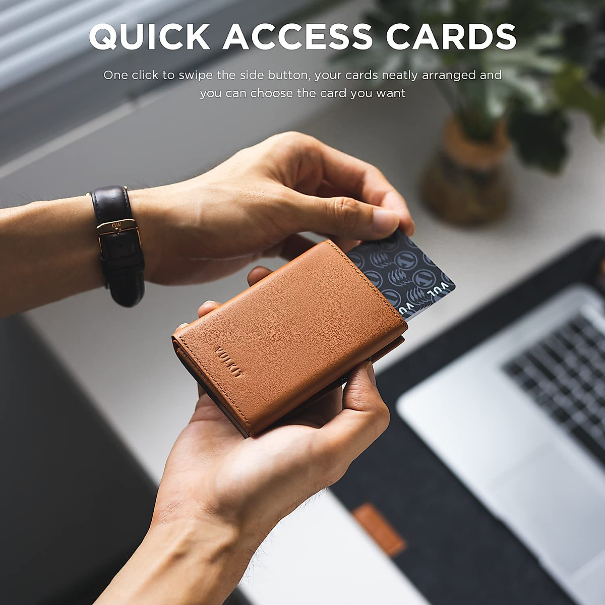 VULKIT Card Holder Wallet with Coin Pocket Magnetic Closure Pop Up Cards With ID Window Top Grain Leather Wallet for Cash & Credit Cards