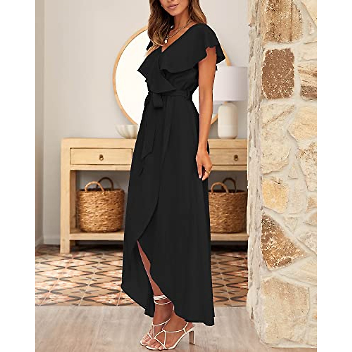 BTFBM Women's Summer Chiffon Maxi Dresses Deep V Neck Ruffle Short Sleeve Beach Party Cocktail Flowy Wrap Dress with Belt(Solid Black, Medium)