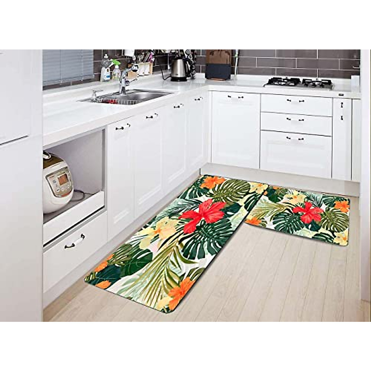 Gesmatic 2 Piece Non Slip Kitchen Mat Non-Slip Summer Colorful Hawaiian Tropical Plants and Hibiscus Flowers 17"X48" 17"X24" for Kitchen Floor Sink Laundry Hallway Dinning Room Office