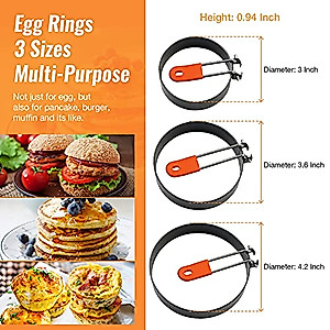 meidong Egg Ring 3 Packs in 3 Sizes Anti-Scald Egg Rings for Frying Leak-Proof with an Oil Brush Fold-up Stainless Handle Nonstick Egg Rings Mold (3 + 3.6 + 4.2 inch)