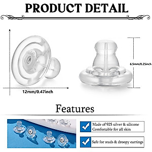 Earring Backs, Silver Silicone Locking Secure Earring Backs for Studs, Hypoallergenice Silicone Earring Backs Replacements for Studs/Droopy Ears, No-Irritate Earring Backs for Adults (Silver)
