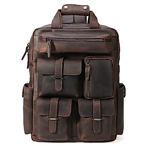 Full Grain Cowhide Leather Multi Pockets 16 Inch Laptop Backpack Travel Bag with YKK Zippers