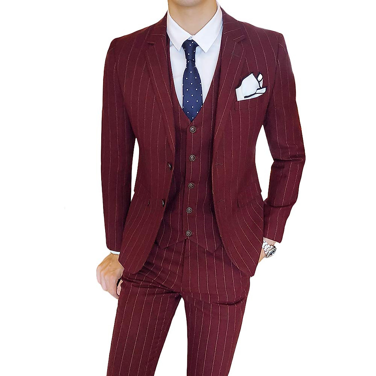 Mens 3 Piece Stripe Suits Set Checked 2 Button Tux Blazer Jacket Vest Trousers