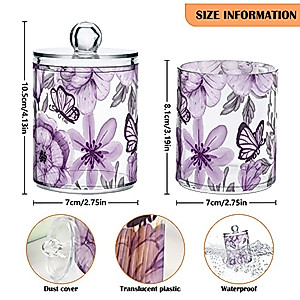 Clear Plastic Jar Set for Cotton Ball, Cotton Swab, Cotton Round Pads, Floss, Purple Flower and Butterfly Bathroom Canisters Storage Organizer, Vanity Makeup Organizer,2Pack