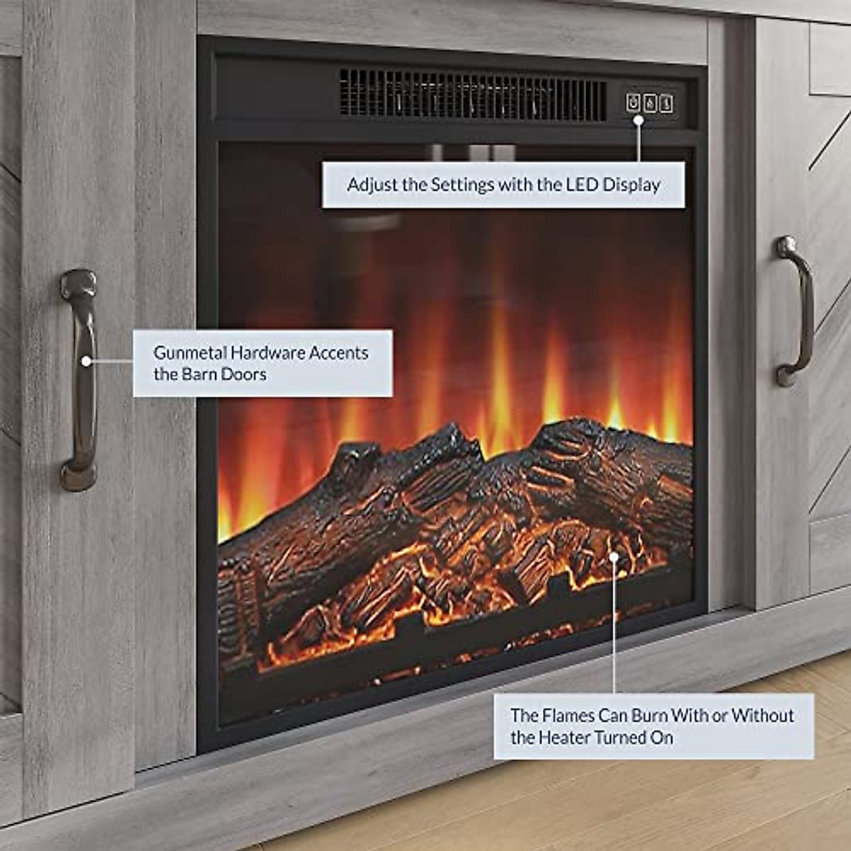 BELLEZE Modern 58 Inch Farmhouse TV Stand with 18 Inch Electric Fireplace & Media Entertainment Center Console Table for TV up to 65 Inch with Storage Cabinets and Infrared Heater - Hilo (Gray Wash)