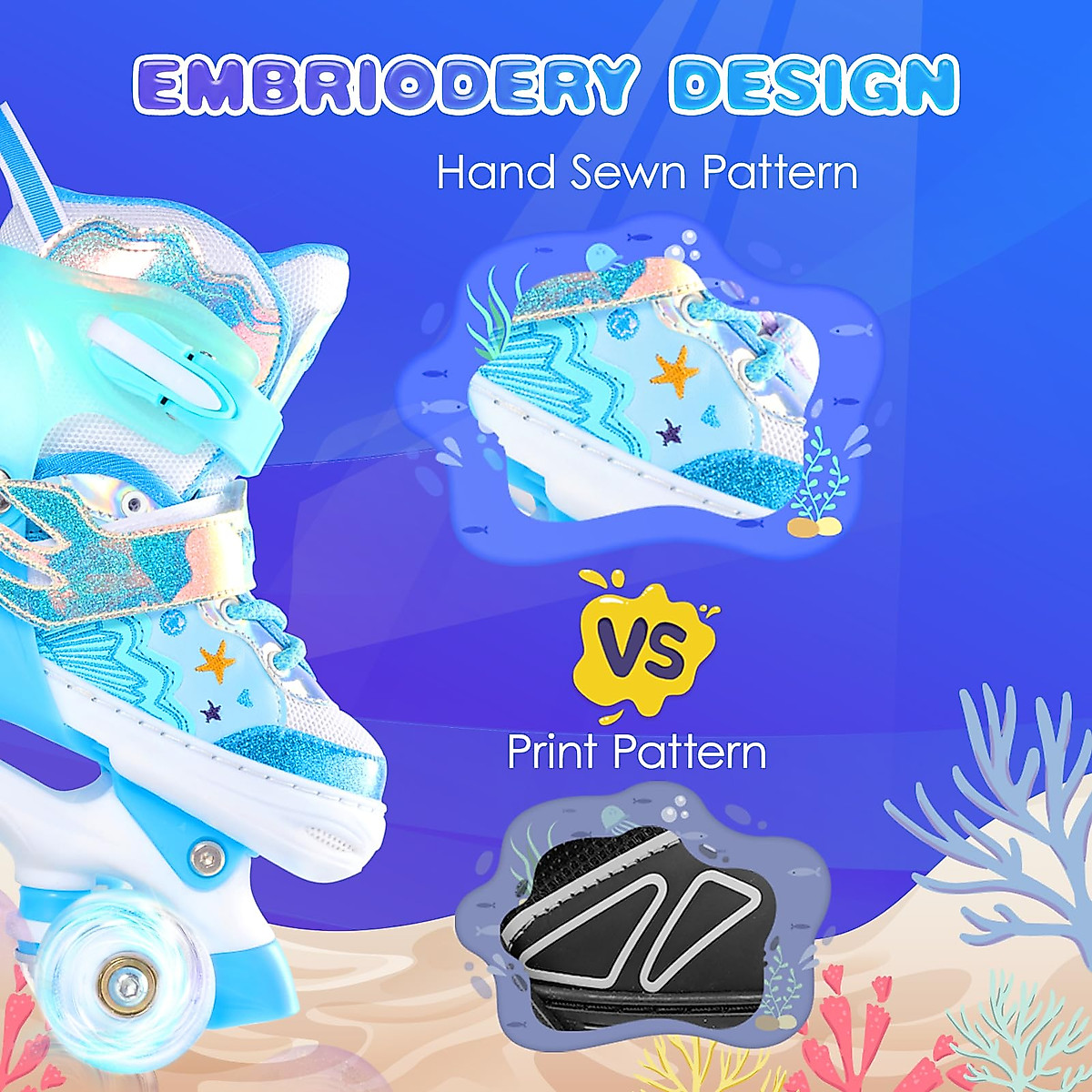 Mermaid Kids Roller Skates Adjustable Roller Skates with Light Up Wheels for Kids, Beginner, Girls, Boys Outdoor Roller Skating for Toddlers, Skating Shoes for Ages 3-12