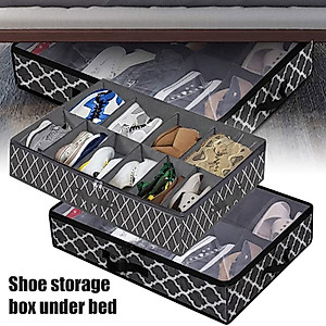 Under Bed Shoe Storage Organizer Fits Large Capacity Shoes Jumbo Slots Underbed Shoe Rack Bin Container Clear Window Lid ,Men Sneakers,Women High Heels,Short Boots Set of 2 Fits 20 Pairs (Black )