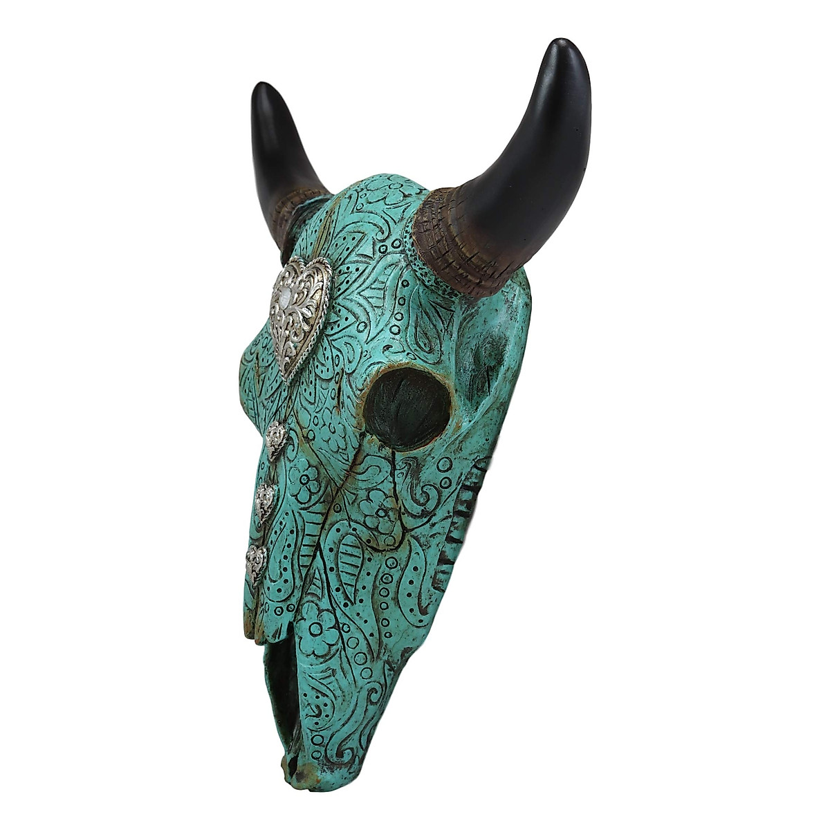 Ebros 10" Wide Western Southwest Steer Bison Buffalo Bull Cow Horned Skull Head Turquoise Silver Heart With Scroll Lace Design Wall Mount Decor Native Indian Sacred Animal Totem Bust Skulls