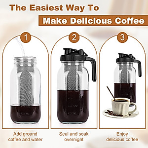 QHH Cold Brew Coffee Maker, 64 oz Wide Mouth Mason Jar Pitcher with Stainless Steel Filter, Pour Spout Handle Lid, Heavy Duty Glass Airtight & Leak-Proof Pitcher for iced coffee & Tea Lemonade