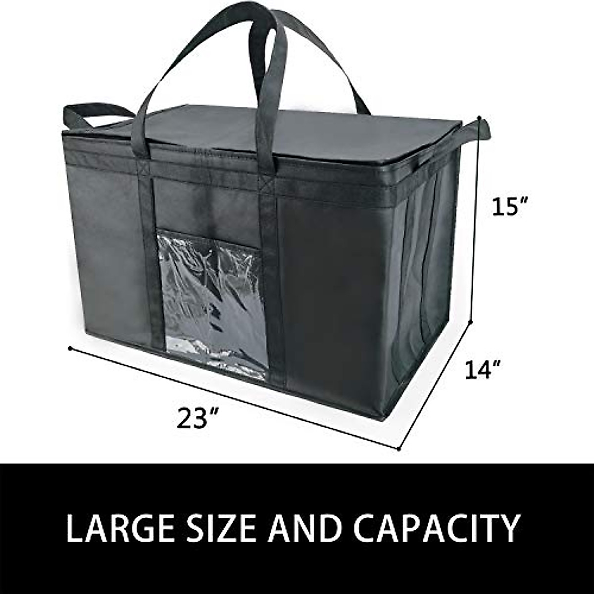 Insulated Food Delivery Bag for Hot and Cold Meal, Grocery Tote Insulation Bag for Catering, Large Pizza Warmer Black 2 Pack