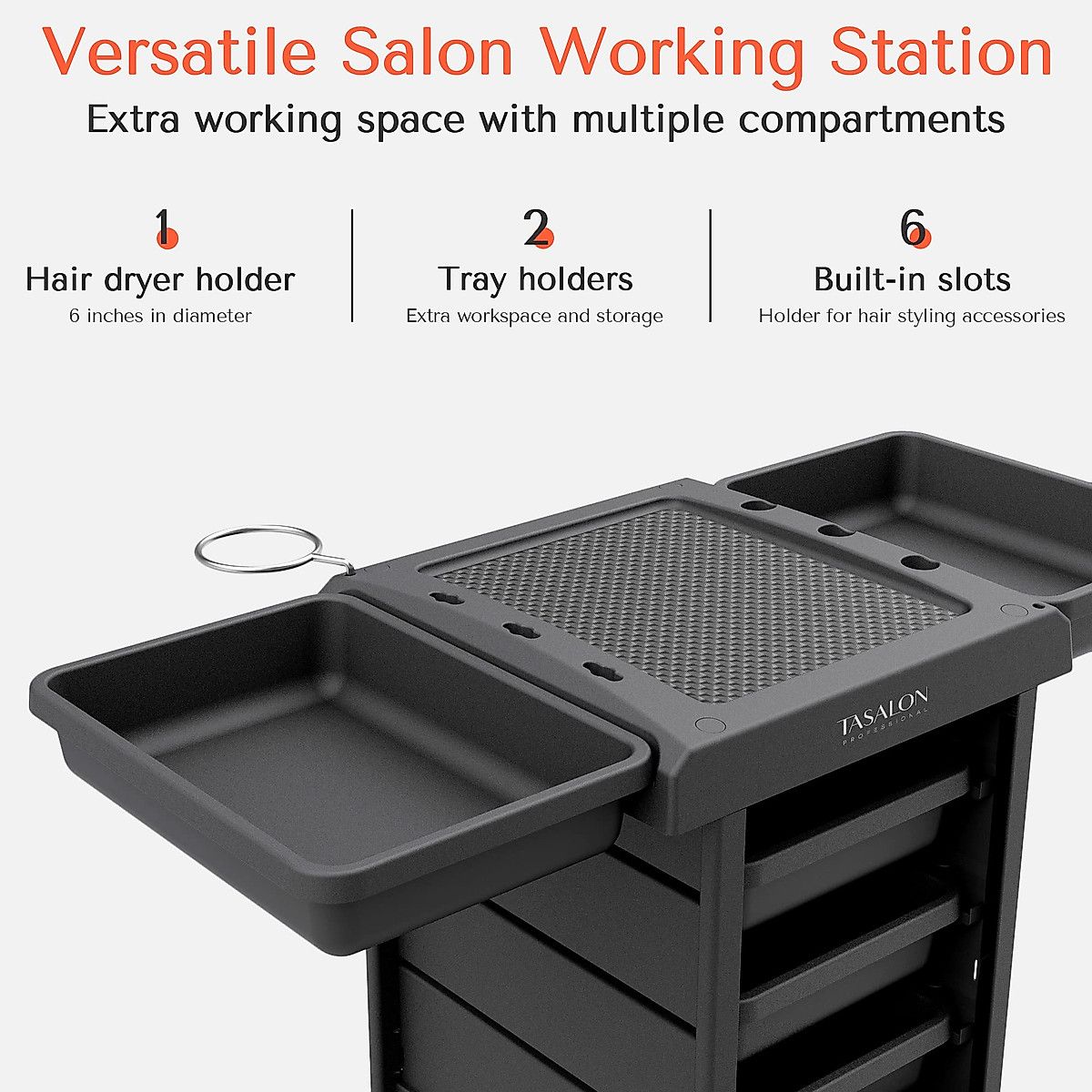 TASALON Salon Trolley Cart for Salon Station - Space Saving Salon Rolling Cart for Extra Storage - Hair Salon Beauty Cart - 6-Tray Salon Cart - Multipurpose Tool Cart - Tattoo Tray