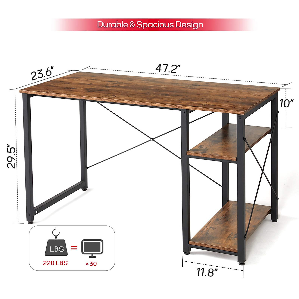 Gome Home Office Computer Desk with Shelves - 47 Inch Large Writing Study Desk with Storage Bookshelf, Modern Simple PC Desk for Small Space, Industrial Work Wood Desk Easy Assemble