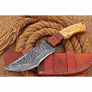 HUNTEX Handmade Exposed Hand-Forged Ladder Pattern Damascus Steel 10 Inch Long Full Tang Oak Wood Handle Razor Sharp Hunting Camping Tracker Knife w/Genuine Leather Pouch