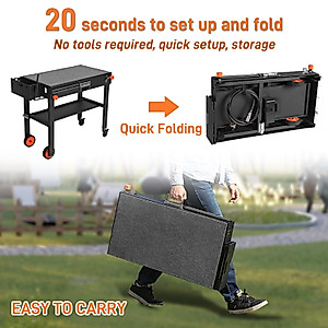 Outdoor Portable Grill Table stand - Folding Prep Stand for 17" or 22" Blackstone Griddle, Large Space blackstone Table with Wheels, Pizza Oven Cart for Ninja, Patio Grilling Backyard BBQ Grill Cart.