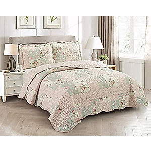 Brilliant Sunshine Traditional Rose and Sage Patchwork, with Rose Bud Patch Frames, 3-Piece Quilt Set with 2 Shams, Reversible Bedspread, Lightweight Coverlet, All-Season, Full/Queen, Light Rose Sage