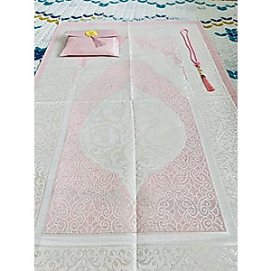 Muslim Prayer Rug and Beads with Elegant Slub Fabric Bag | Janamaz | Sajadah | Soft Islamic Prayer Rug | Islamic & Mawlid Gifts | Prayer Carpet Mat, Taffeta Fabric (Pink, 1 Sets)