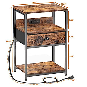 Furologee Nightstand Set of 2 with Charging Station, End Table with USB Ports&Power Outlets, 3-Tier Storage Shelf Tall Bedside Table, Industrial Side Table with Fabric Drawer for Bedroom/Living Room