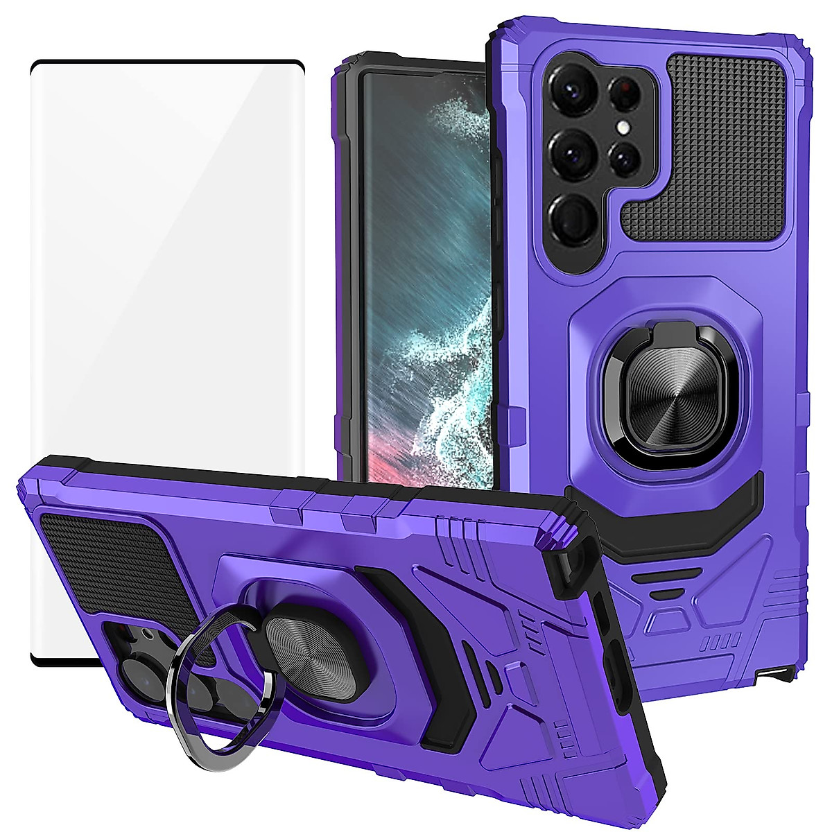 Ailiber for Samsung Galaxy S23 Ultra Cell Phone Case, Samsung S23 Ultra 5G Case with Screen Protector, Ring Kickstand for Magnetic Car Mount, Rugged Shockproof Heavy Duty Cover Case-Purple