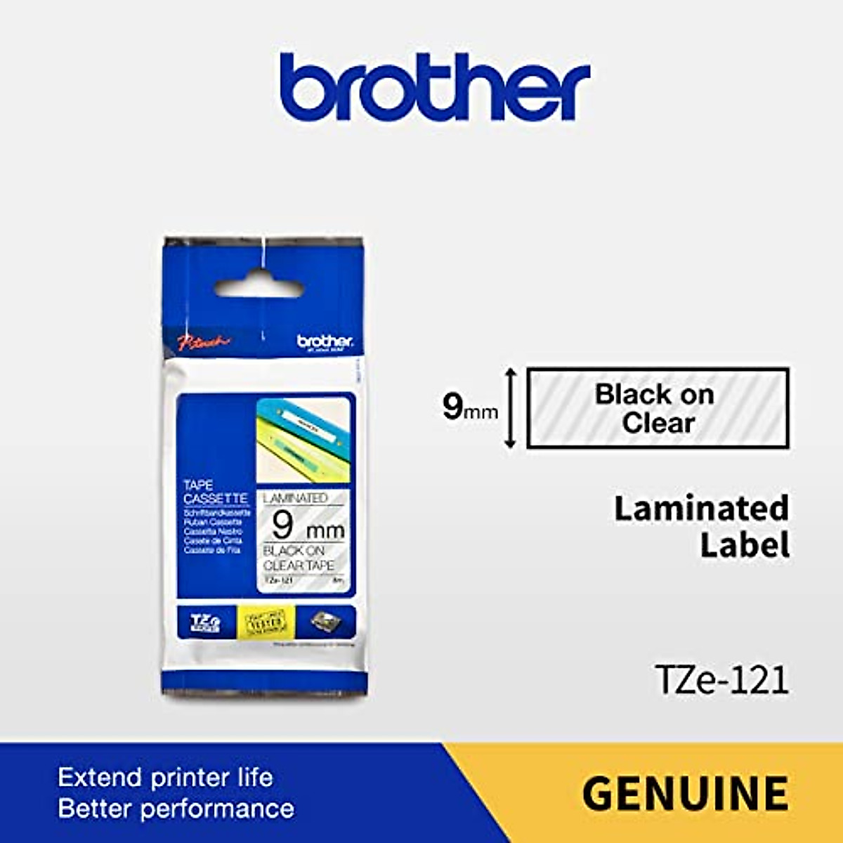 Brother Genuine P-Touch TZE-121 Tape, 9 mm (0.35") Standard Laminated P-Touch Tape, Black on Clear, Laminated for Indoor or Outdoor Use, Water-Resistant, 26.2 ft (8 m), Single-Pack