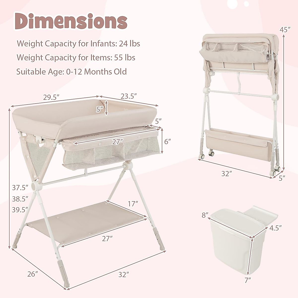 BABY JOY Portable Baby Changing Table, Foldable Diaper Changing Station with Wheels, Adjustable Height, Large Storage Rack, Trash Can, Mobile Nursery Organizer for Newborn Infant (Beige)
