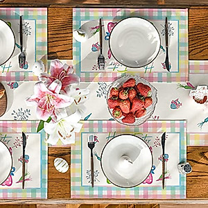 Artoid Mode Green Blue Pink Buffalo Plaid Bunny Happy Easter Placemats Set of 4, 12x18 Inch Seasonal Holiday Table Mats for Party Kitchen Dining Decoration