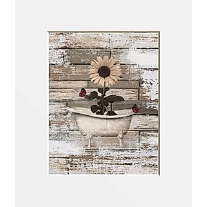 Bathroom Home Decor Brown Red Rustic Sunflower Butterflies 8x10 Photo with 11x14 Mat Rustic Farmhouse Wall Art