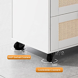Lamerge 3-Drawer Wood File Cabinet with Lock,Rattan Office Storage Cabinet Printer Stand with Storage,Mobile Lateral Filing Cabinet for Home Office with Open Storage Shelves,White