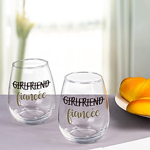 Modwnfy Girlfriend and Girlfriend Wine Glasses, Engagement Gifts for Lesbian Couples, Girlfriends Newly Engaged Unique Stemless Wine Glasses, Set of 2 Lesbian Gifts, Valentines Lesbian Stuff, 15 oz